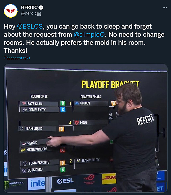 Heroic подколола s1mple перед игрой в плей-офф EPL S16, вспомнив его отельный номер с плесенью ...
