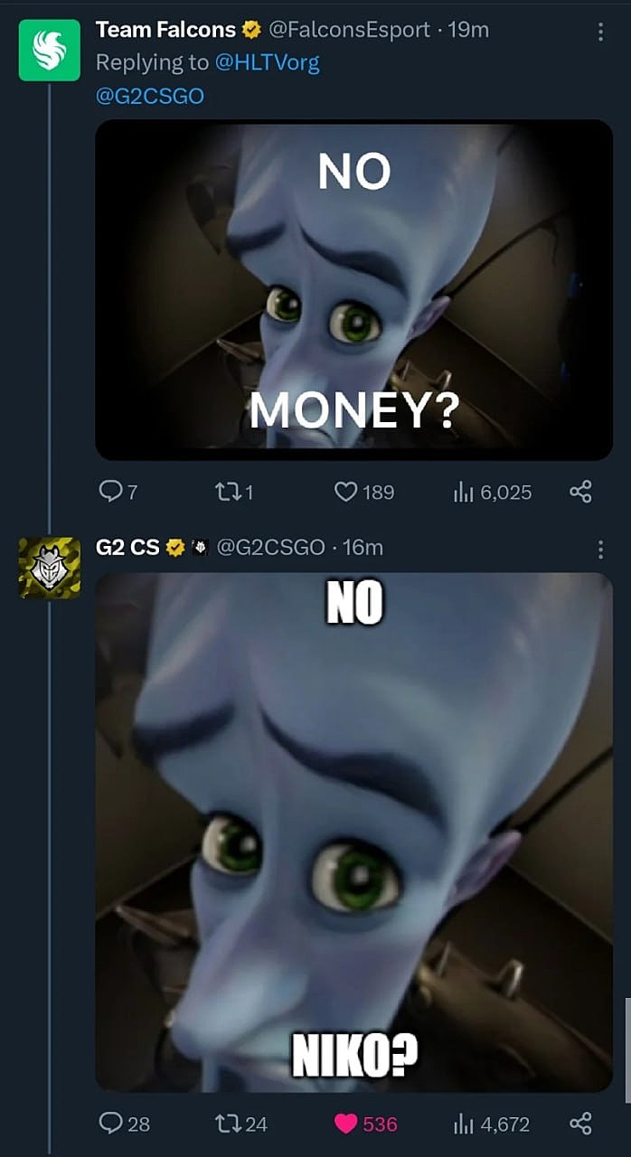 «Нет денег? Нет NiKo?» Team Falcons и G2 Esports подкололи друг друга в соцсетях — Escorenews
