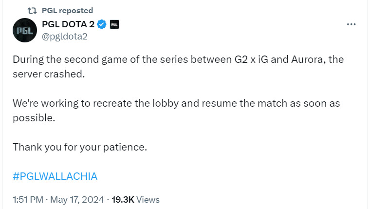 Aurora vs G2.iG match at PGL Wallachia was interrupted by server crash at minute 64 — Escorenews