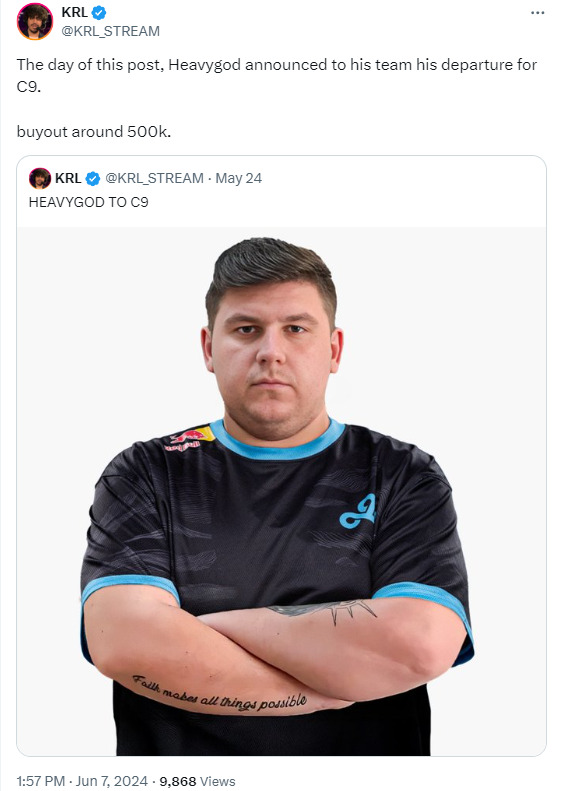 KRL: HeavyGod moves to Cloud9 for "around $500,000" [Updated] — Escorenews