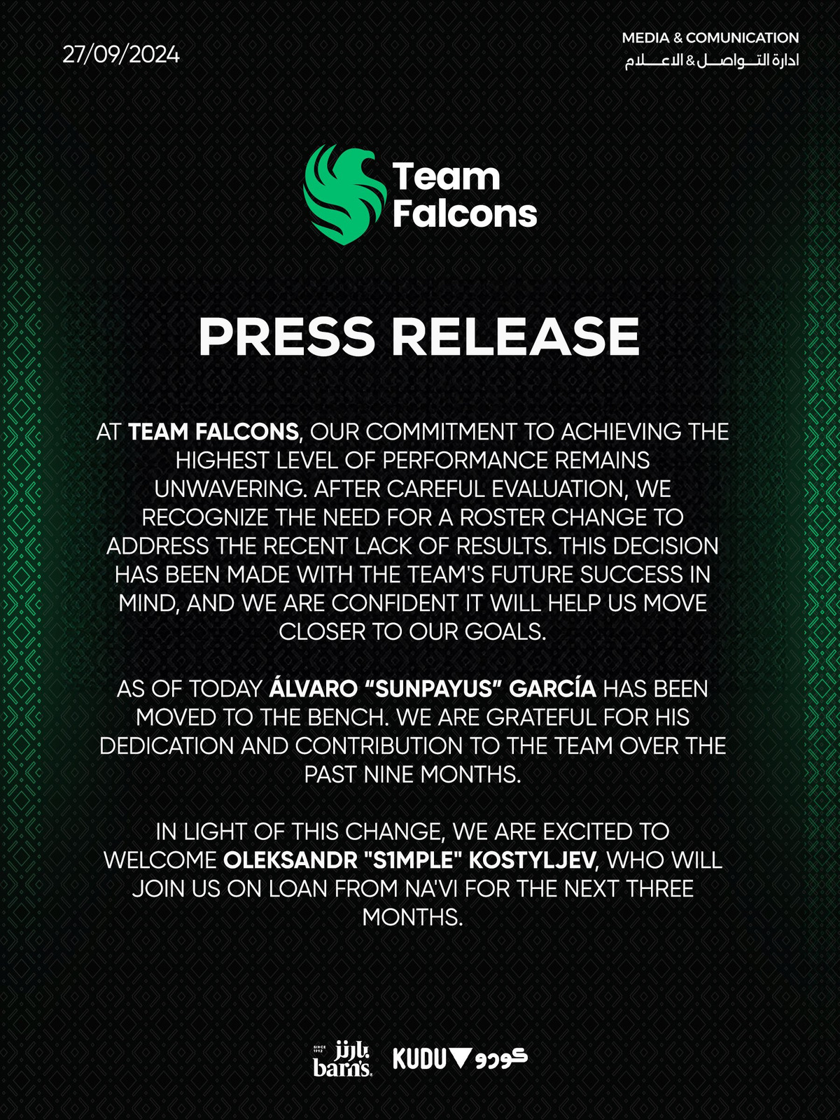 Official: S1mple joins Falcons on loan for three months, which include ...