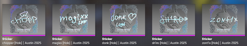 All signature stickers from BLAST Austin Major 2025. NiKo, m0NESY, donk ...