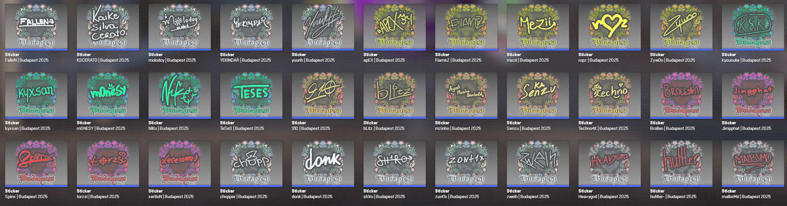 All team and signature stickers of StarLadder Budapest Major 2025. Donk ...