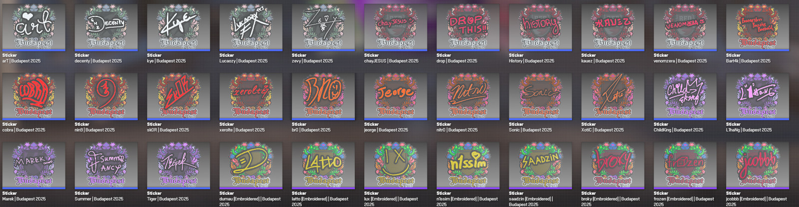 All team and signature stickers of StarLadder Budapest Major 2025. Donk ...