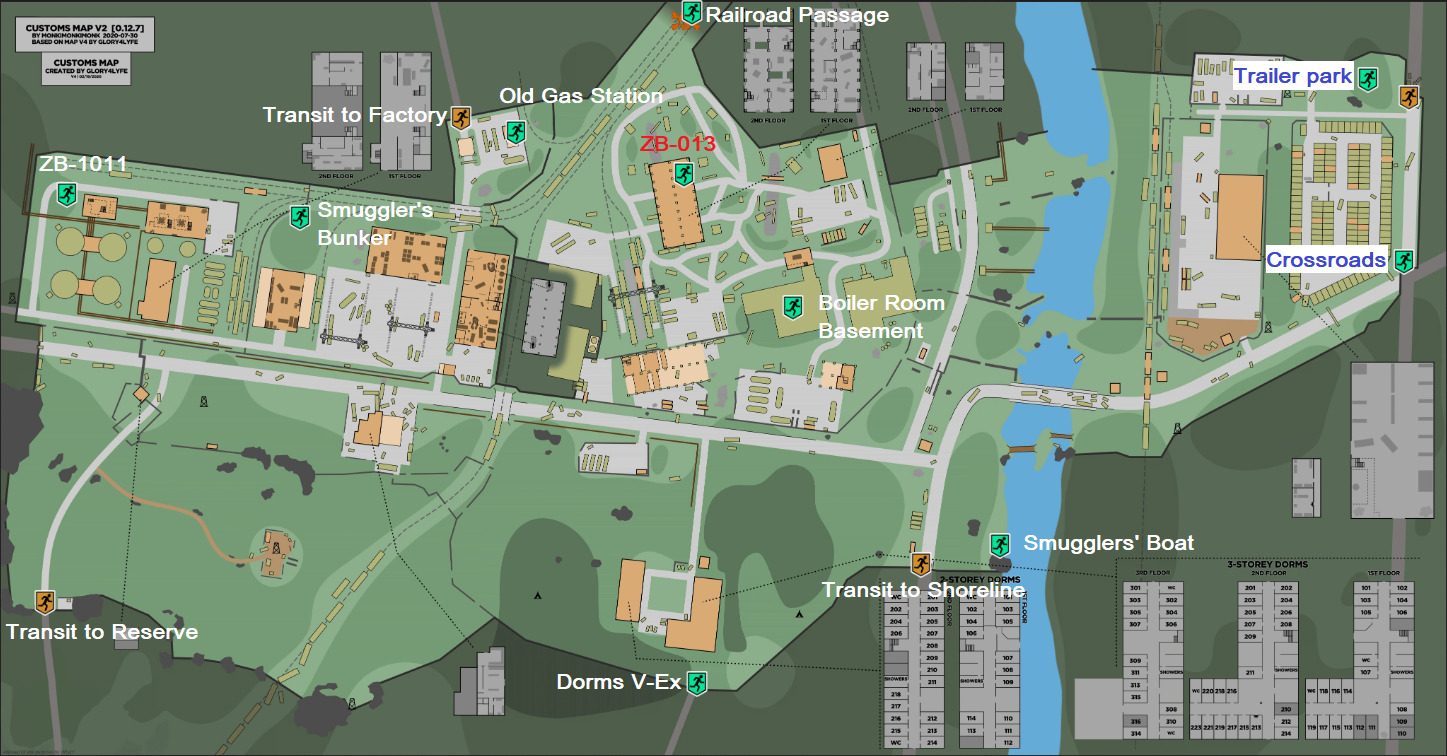 Customs map extraction points. All PMC and Scav exfils on Customs ...